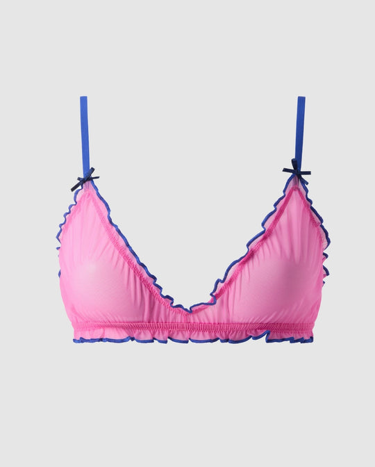 Mesh Ruffle Triangle Bralette Candy Pink/Electric Blue | Understatement